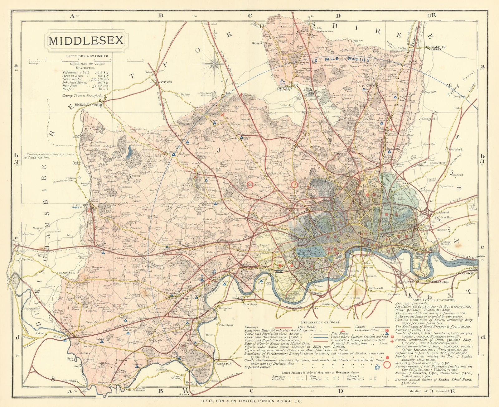 Middlesex county map showing Post Towns & Market Days. LETTS 1884 old ...