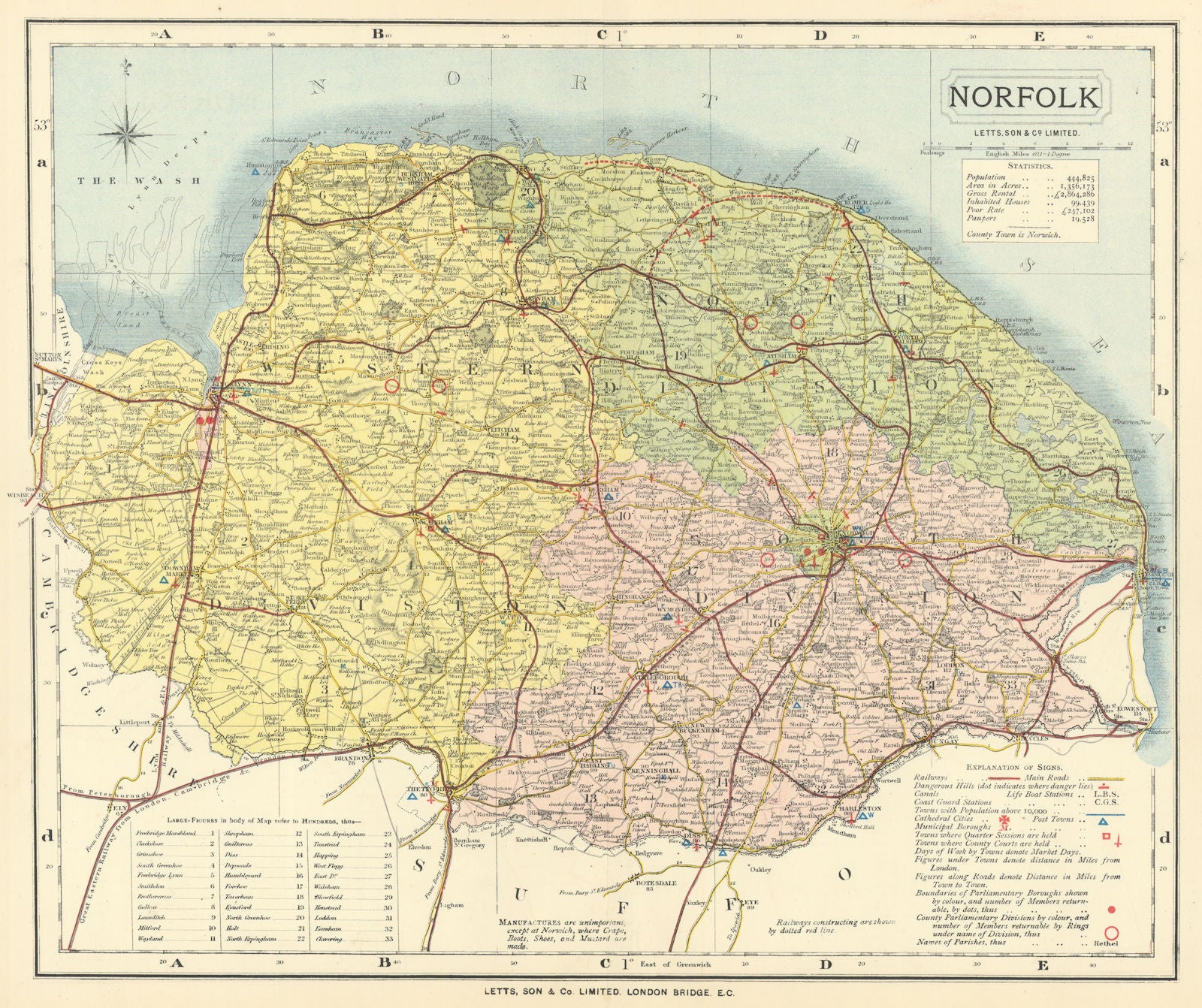 Norfolk county map showing Post Towns & Market Days. LETTS 1884 old ...