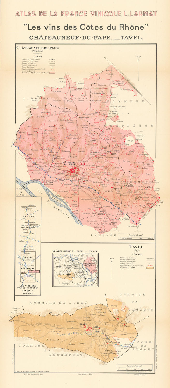 RHÔNE WINE MAP. Châteauneuf-du-Pape AOC & Tavel AOC. LARMAT 1943 old ...