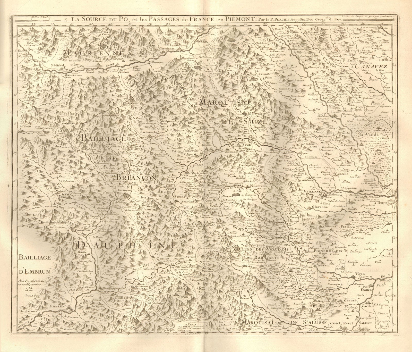 'La source du Po et les passages de France en Piémont'.River Po.PLACIDE ...