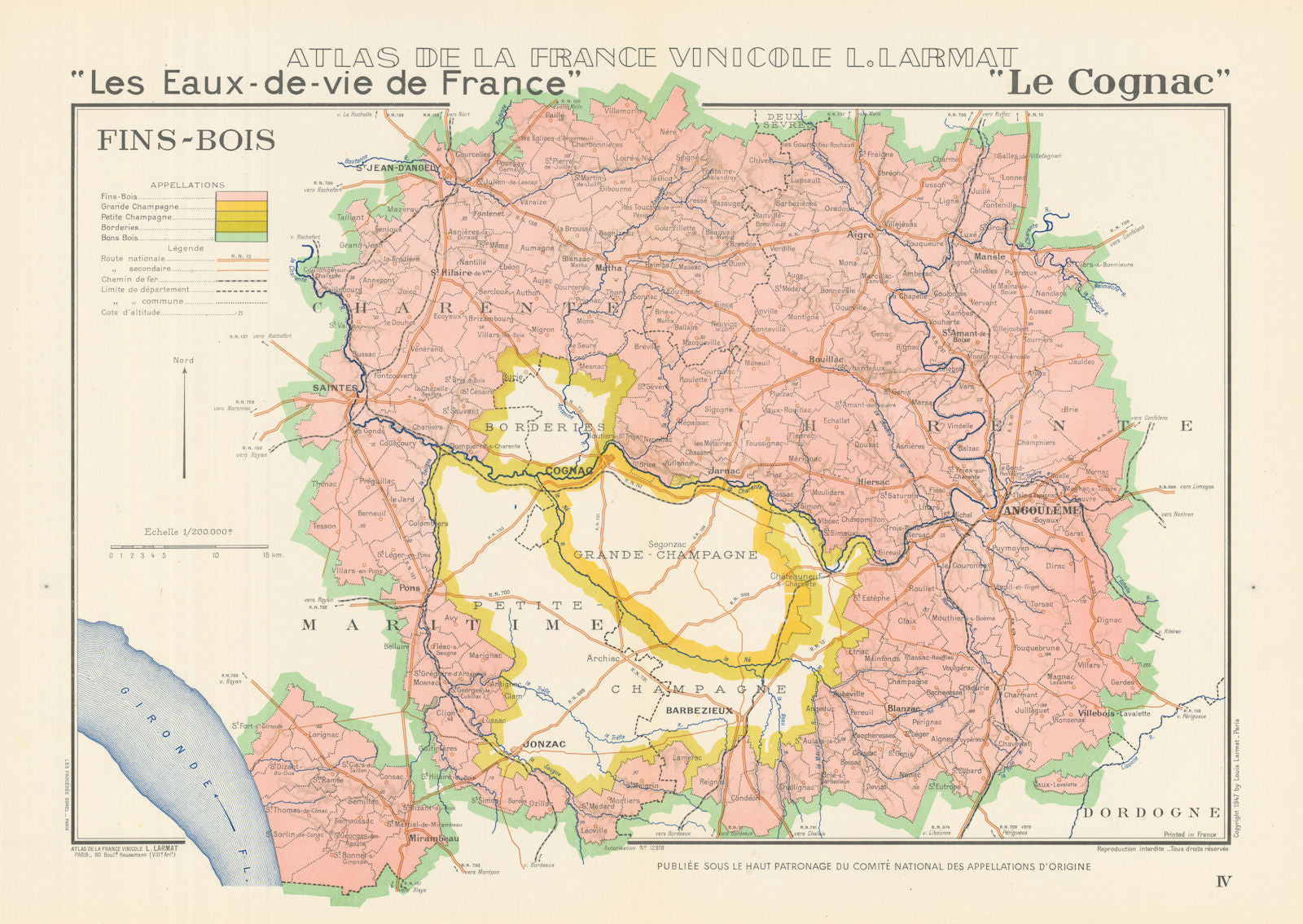 COGNAC BRANDY MAP Fins-Bois. Eaux-de-vie. Charente Maritime. LARMAT ...
