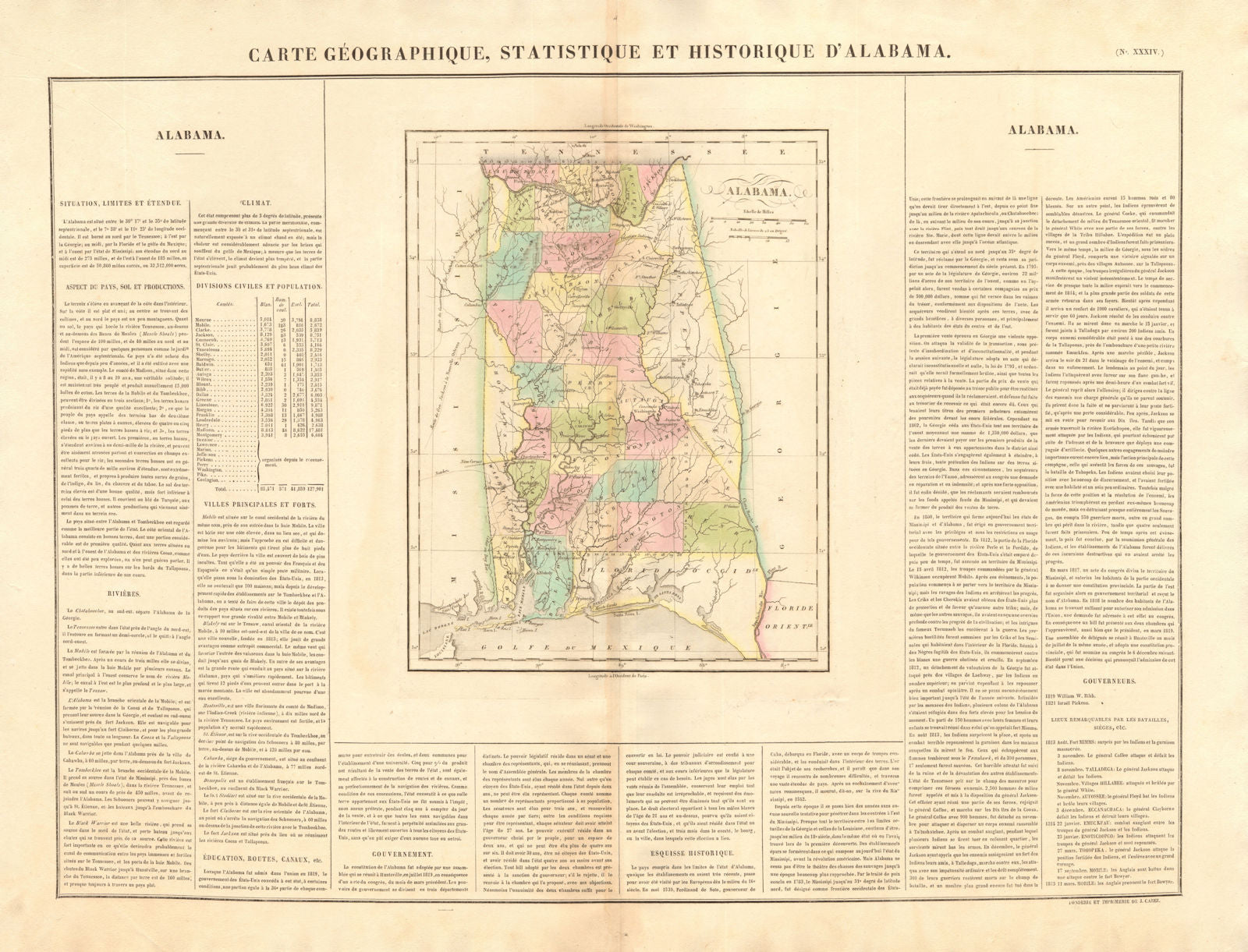 Alabama antique state map. Counties. Indian frontier & villages. BUCHON ...