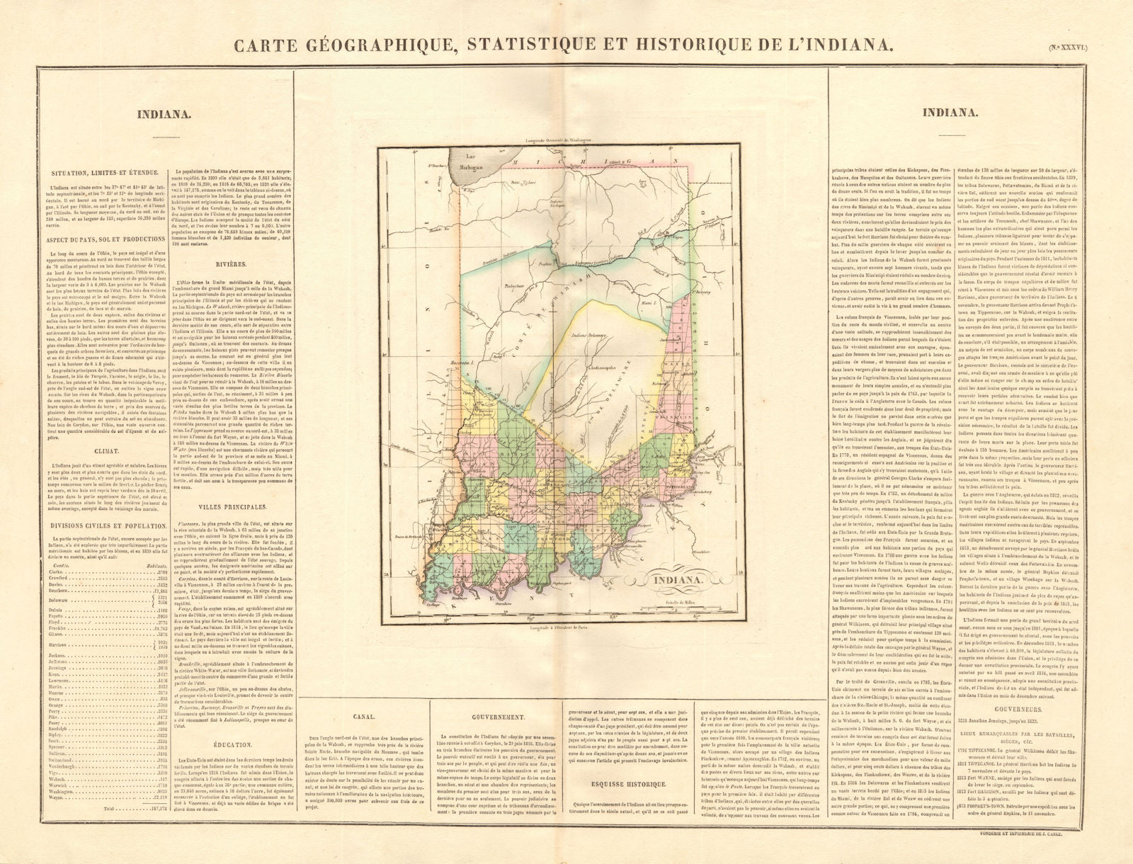 Indiana antique state map. Counties. Shows Indian frontier. BUCHON 1825 ...