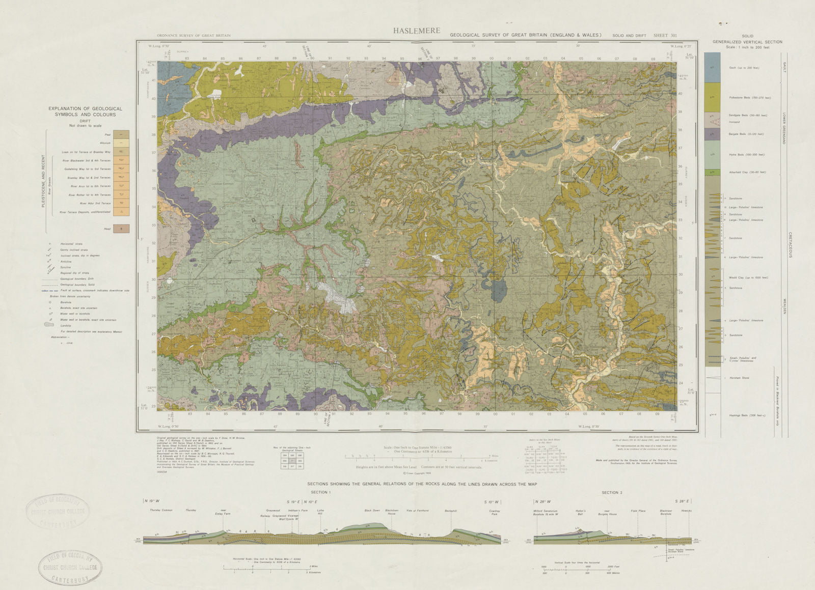 Haslemere. Vintage geological survey map. Sheet 301. Surrey South Downs ...