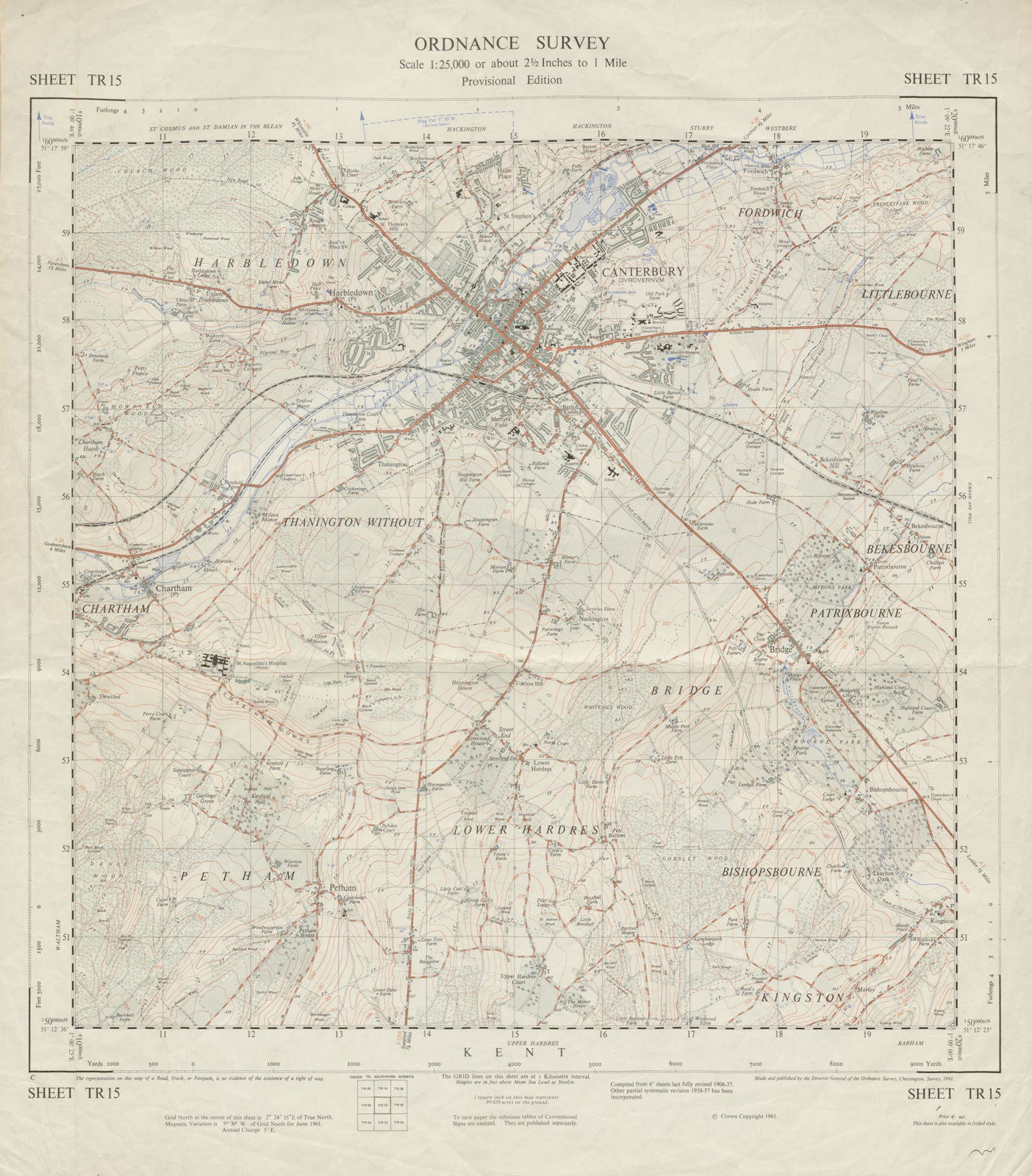 Vintage Ordnance Survey OS map sheet TR15 Canterbury Chartham 1961 old ...