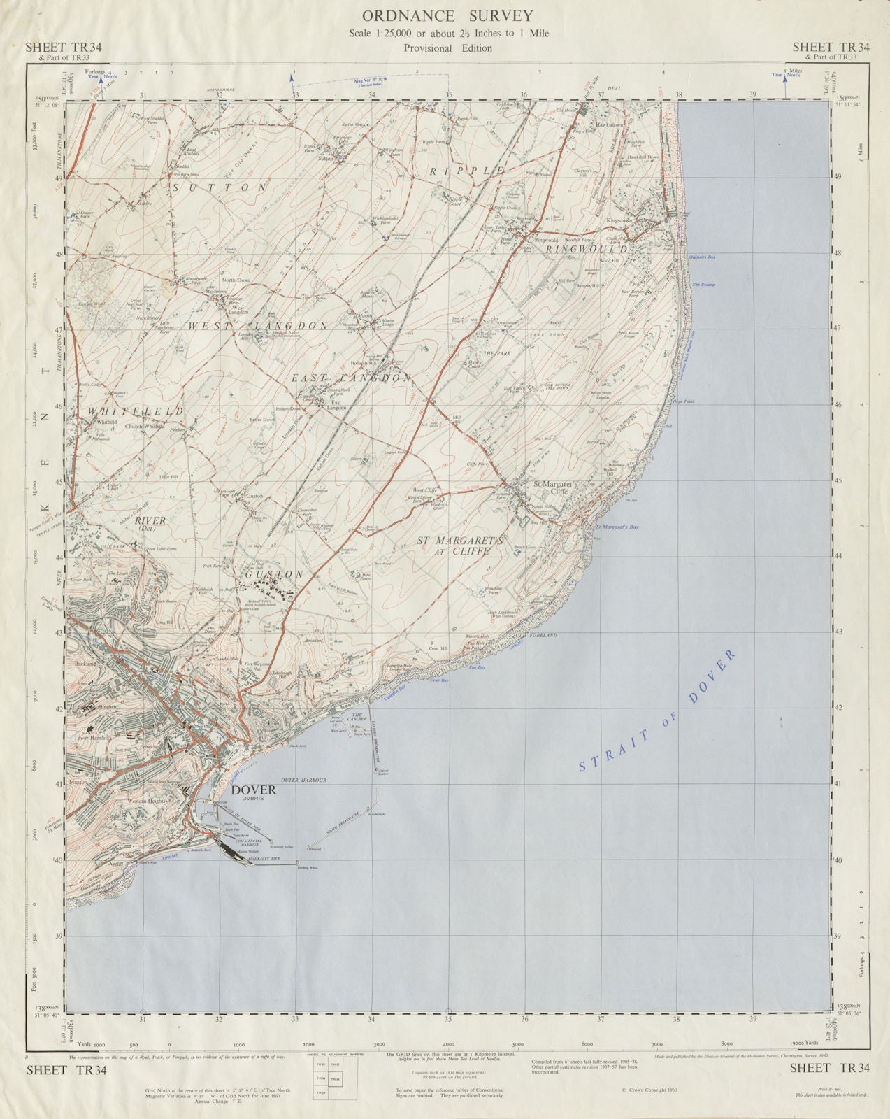 Vintage Ordnance Survey OS map sheet TR34 Dover St Margaret's at Cliffe ...