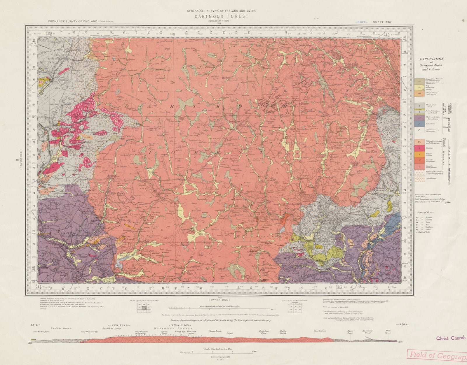 Dartmoor Forest. Geological survey map. Sheet 338. Devon North Bovey ...