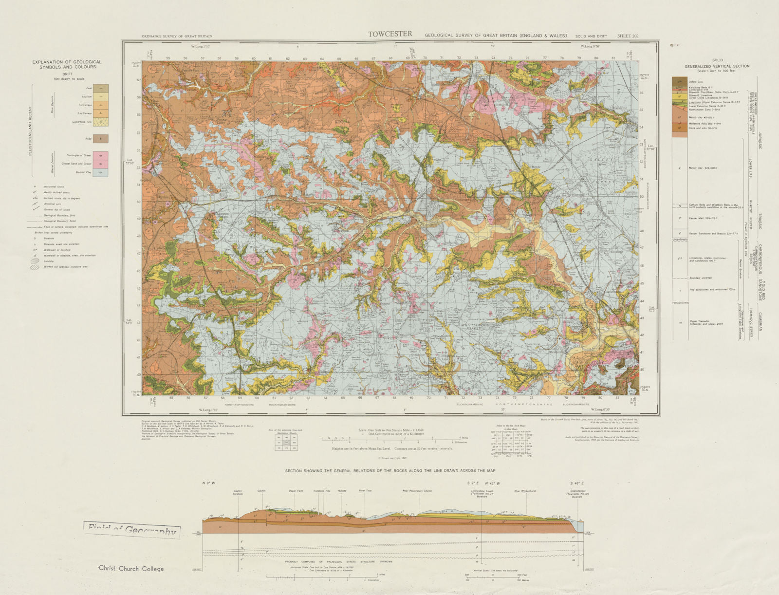 Towcester. Vintage geological survey map. Sheet 202. Northamptonshire ...