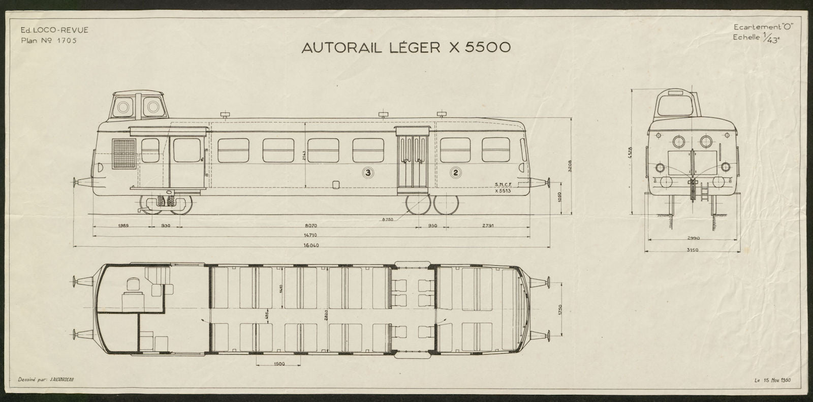 Autorail Léger X5500. Plan No 1705. France railways trains SNCF 1950 ...