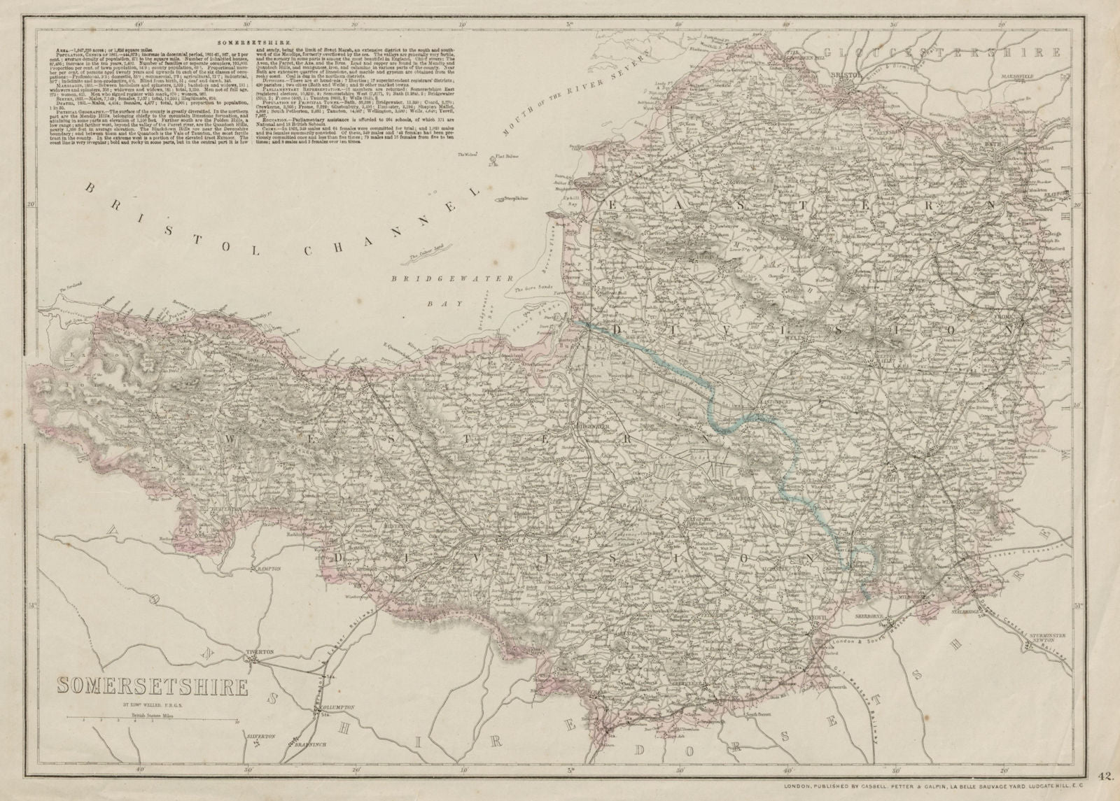 SOMERSETSHIRE antique county map. Railways. Exmoor & Mendips. WELLER ...
