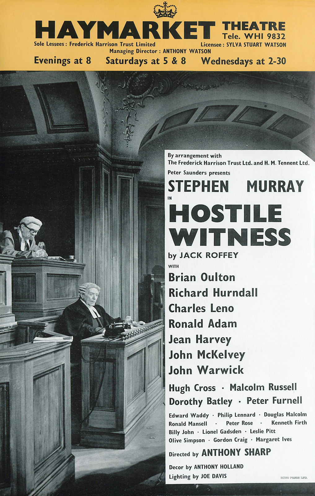 Haymarket Theatre. Hostile Witness Jack Roffey Anthony Sharp Stephen ...
