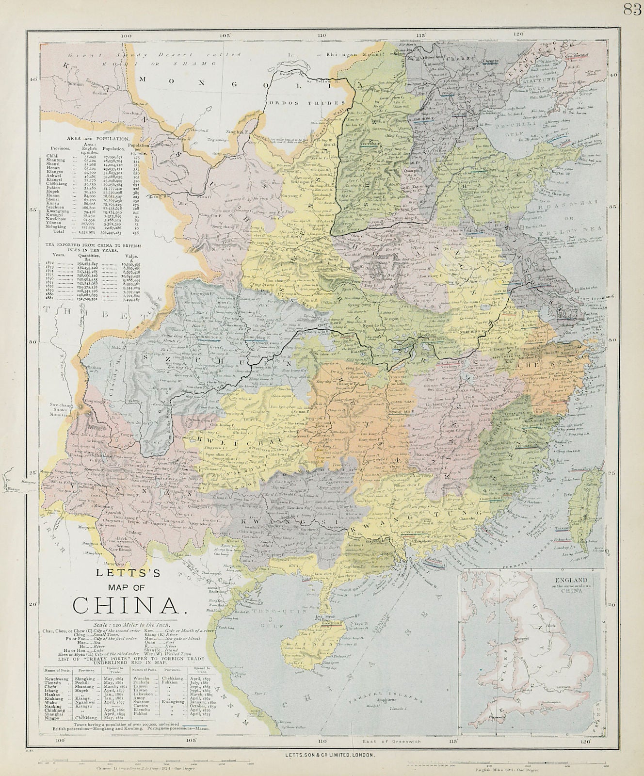 CHINA. Provinces & treaty ports. Tea growing districts shaded red LETTS ...