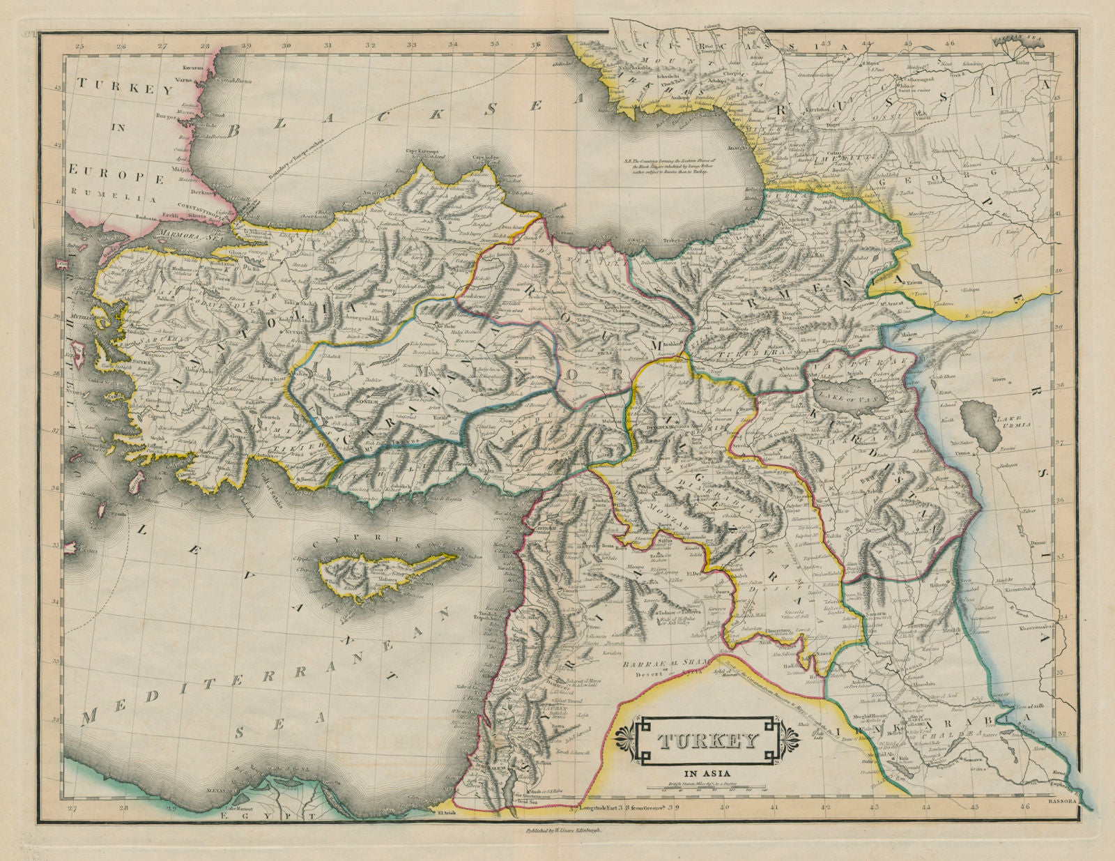 Turkey in Asia. Levant Cyprus Armenia Algezira. Kurdistan marked LIZARS ...