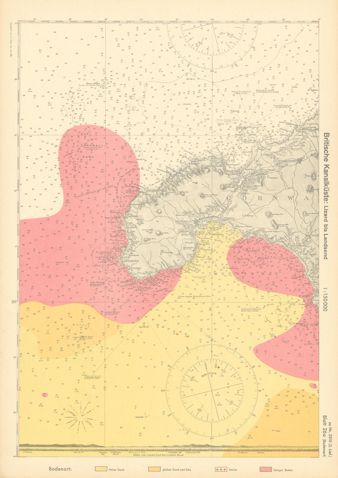 26a. Land's End Penzance St Ives. Cornwall coast. KRIEGSMARINE Nazi map ...