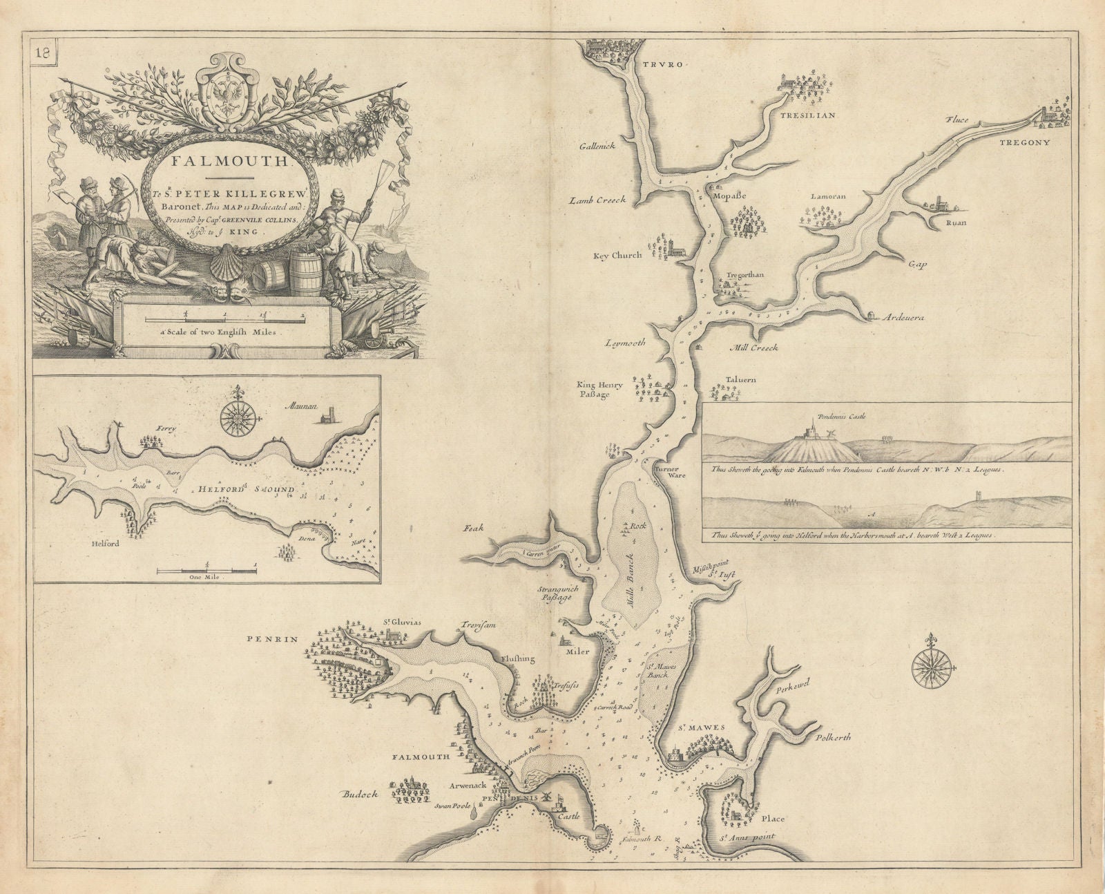 FALMOUTH, Carrick Roads & Helford River sea chart. Truro. COLLINS 1723 ...