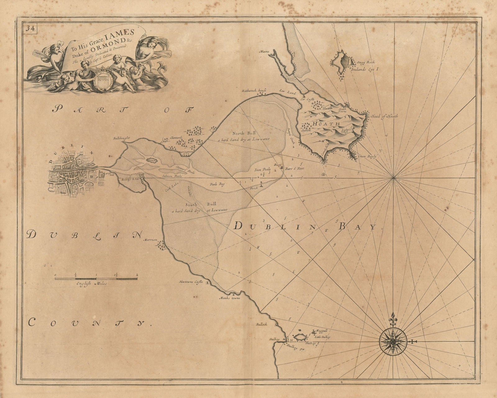 DUBLIN BAY sea chart. Howth Head Dalkey Clontarf Merrion. COLLINS 1693 ...
