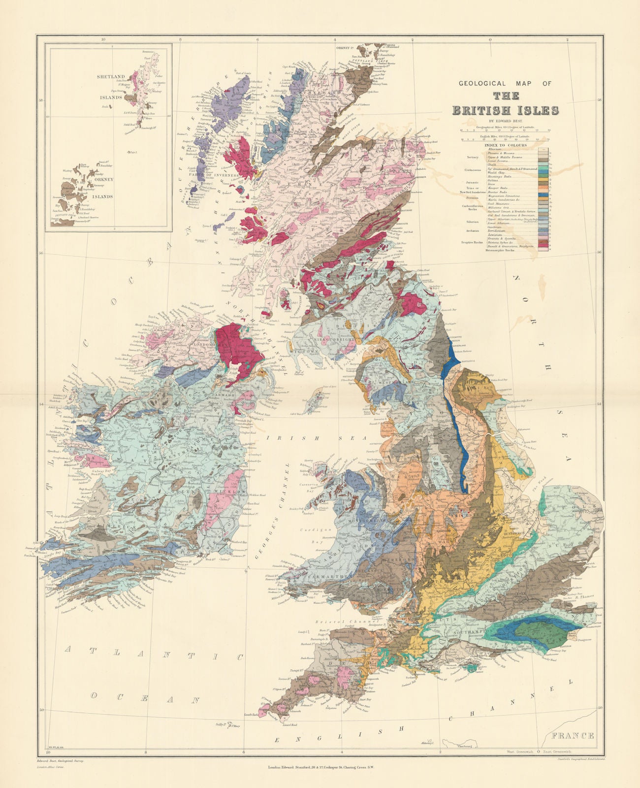 Geological Map of the British Isles. Large 66x53cm. STANFORD 1896 old ...