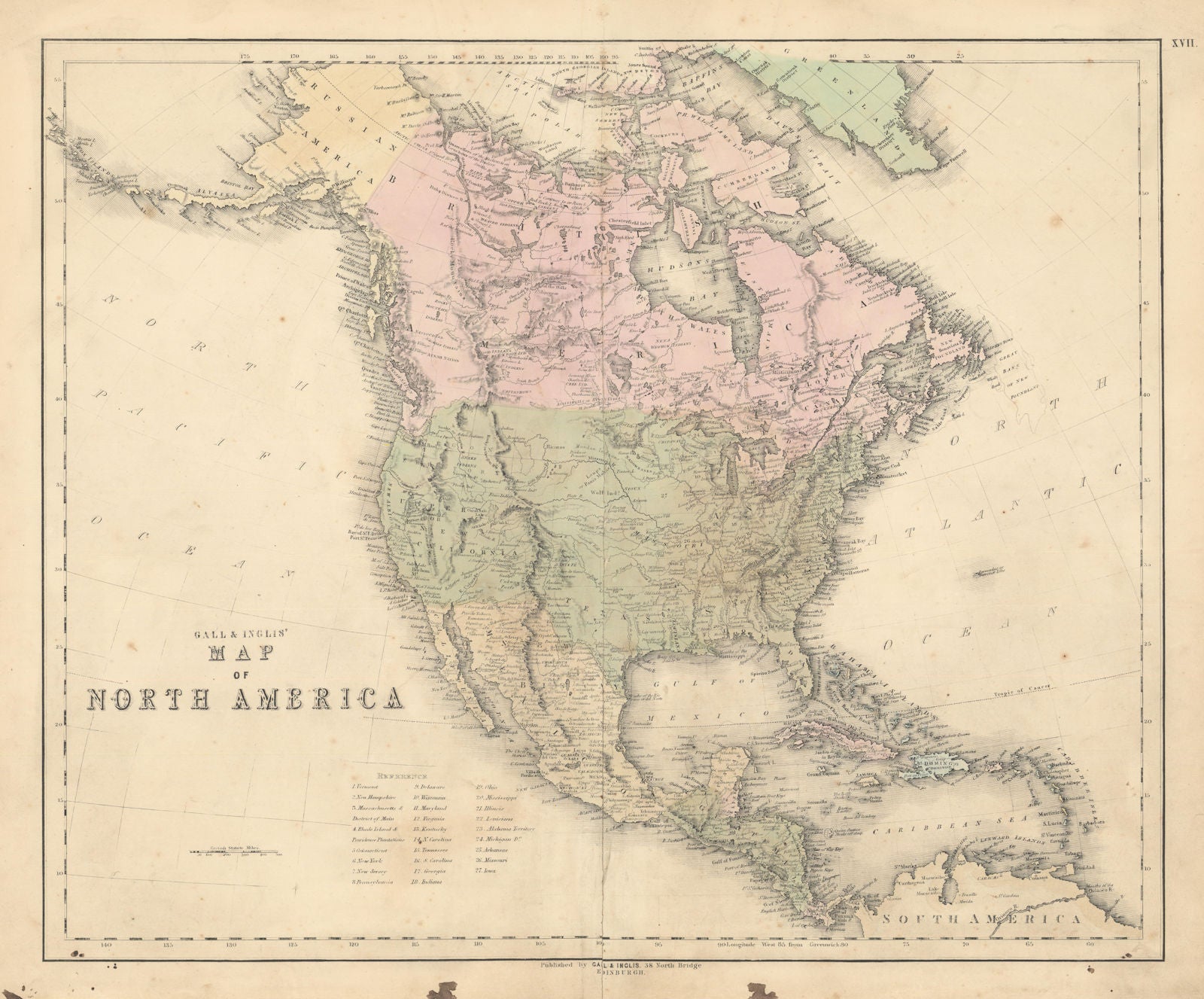 Gall & Inglis' Map of North America. Native American tribes & villages ...