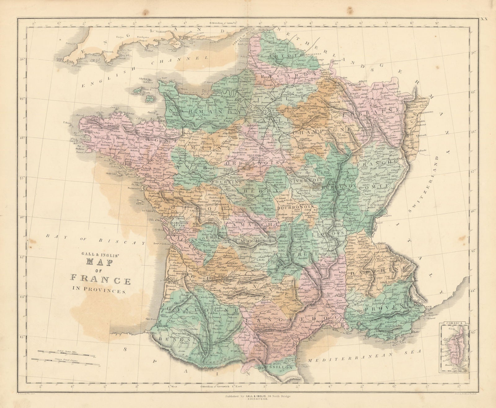 Gall & Inglis' Map of France in Provinces. Railways 1850 old antique ...