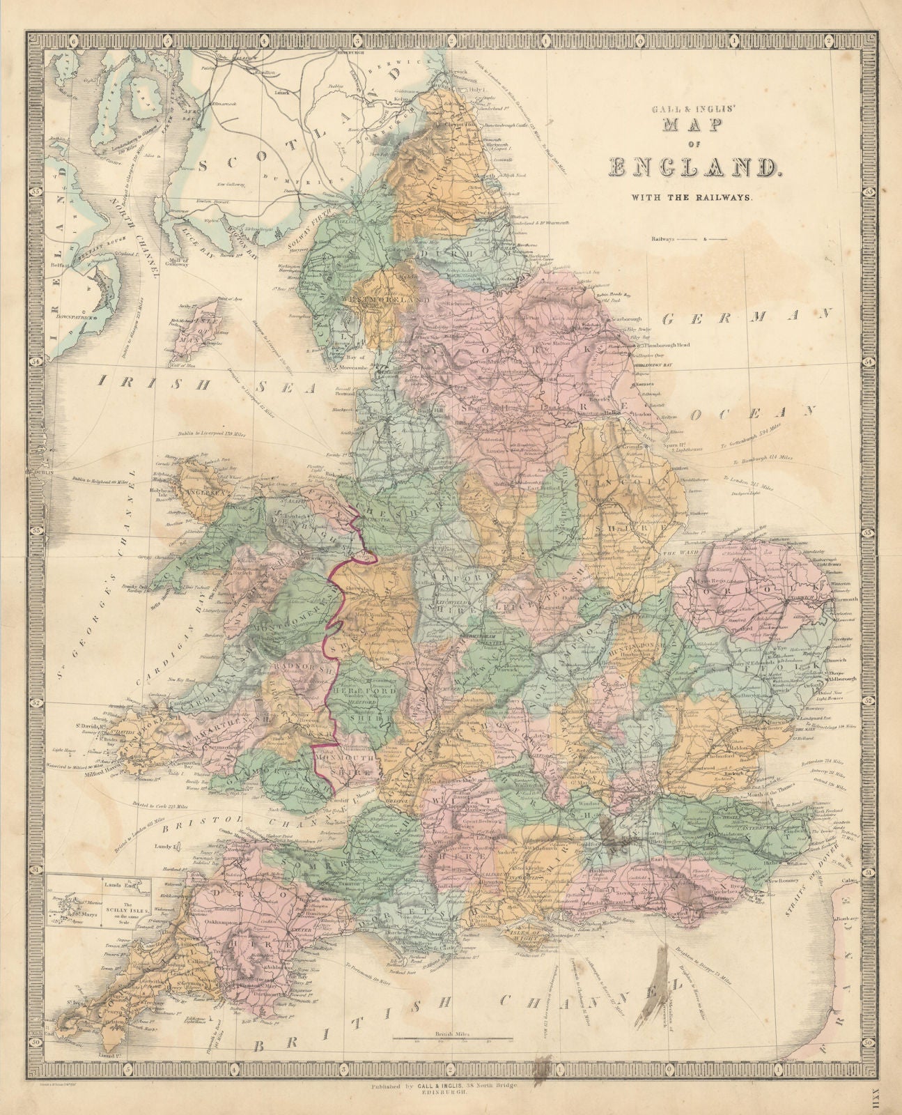 Gall & Inglis' Map of England with the Railways. Counties 1850 old ...