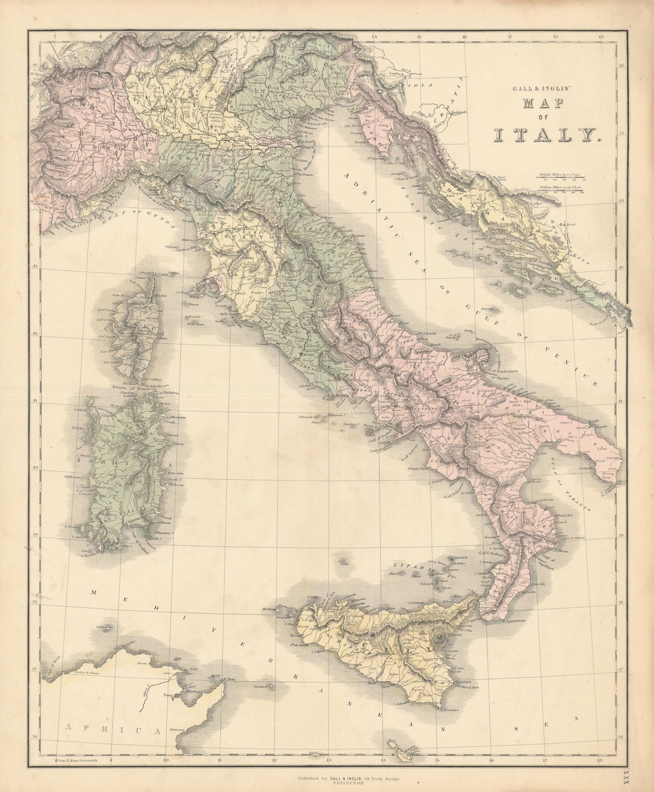 Gall & Inglis' Map of Italy. Pre-Unification states 1850 old antique ...