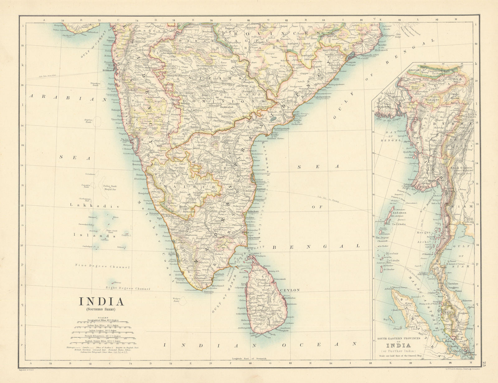 India (Southern Sheet) by W. & A.K. Johnston 1887 old antique map plan ...