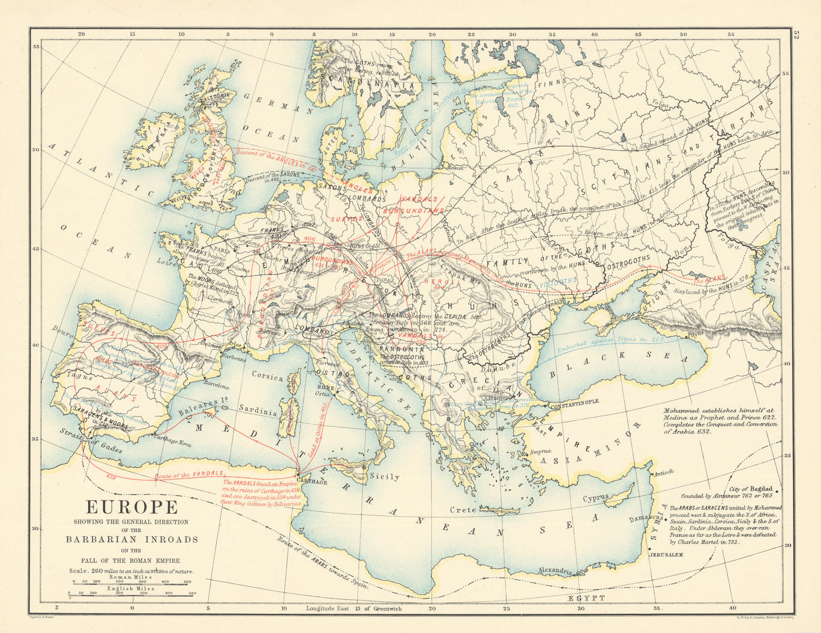 Europe, showing the Barbarian Inroads on the Fall of the Roman Empire ...