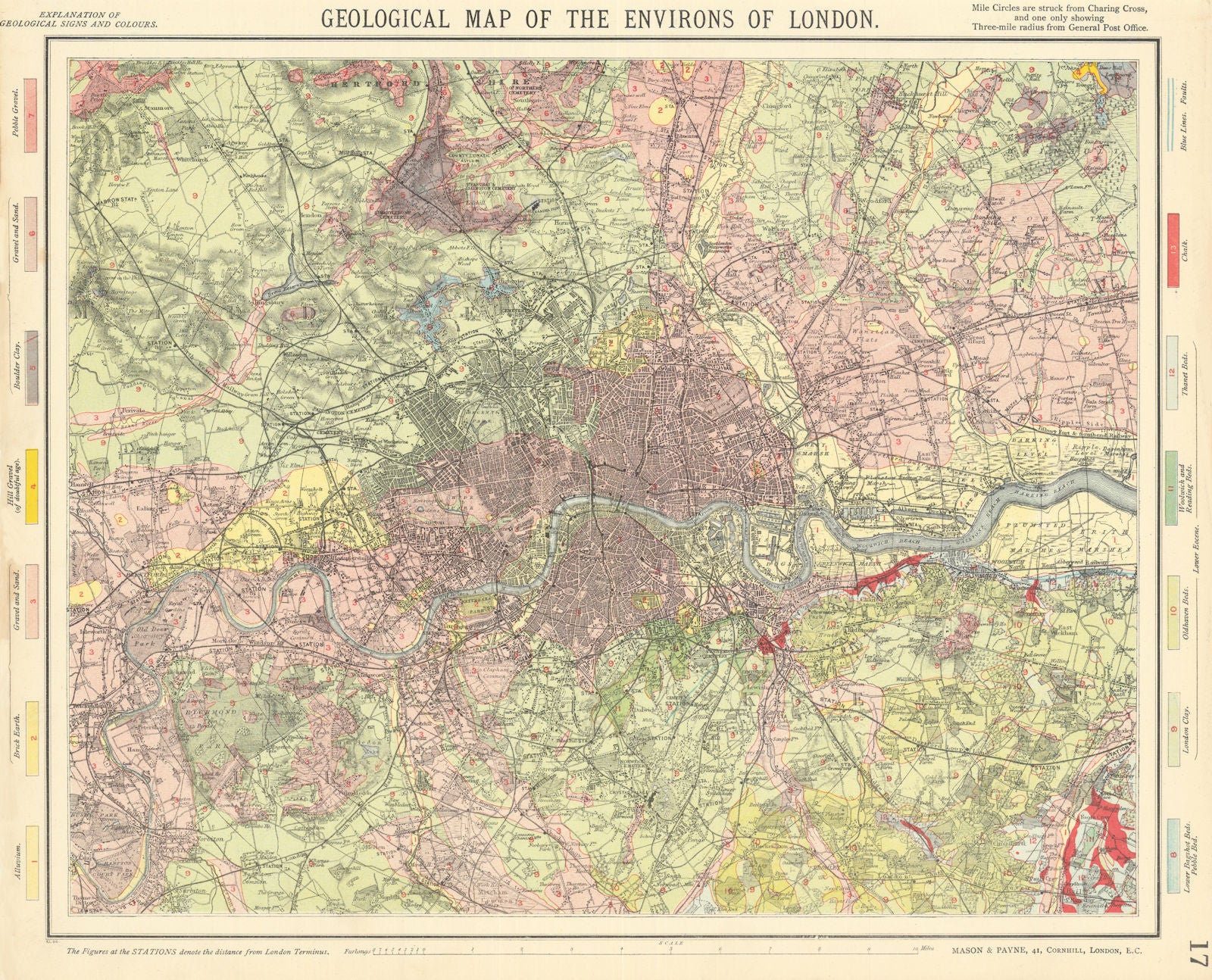 Geological map of the Environs of London. LETTS 1892 old antique chart ...