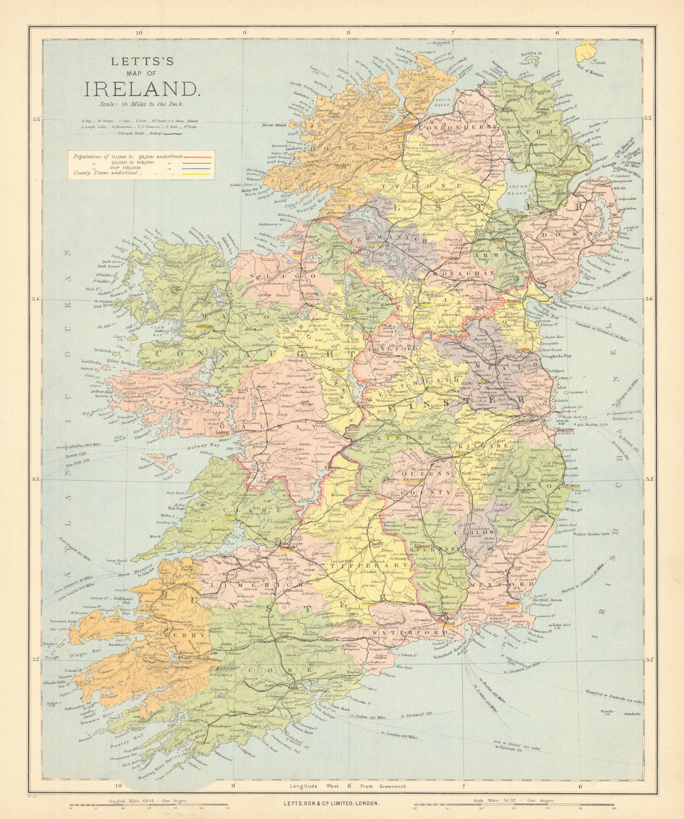 IRELAND. Showing roads, railways, counties & provinces. LETTS 1892 old ...