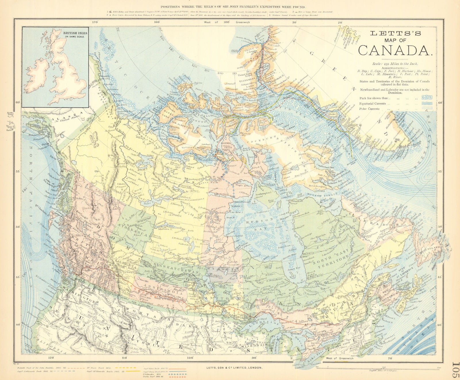 CANADA. Canadian Pacific Railway. Arctic explorers' routes. LETTS 1892 ...