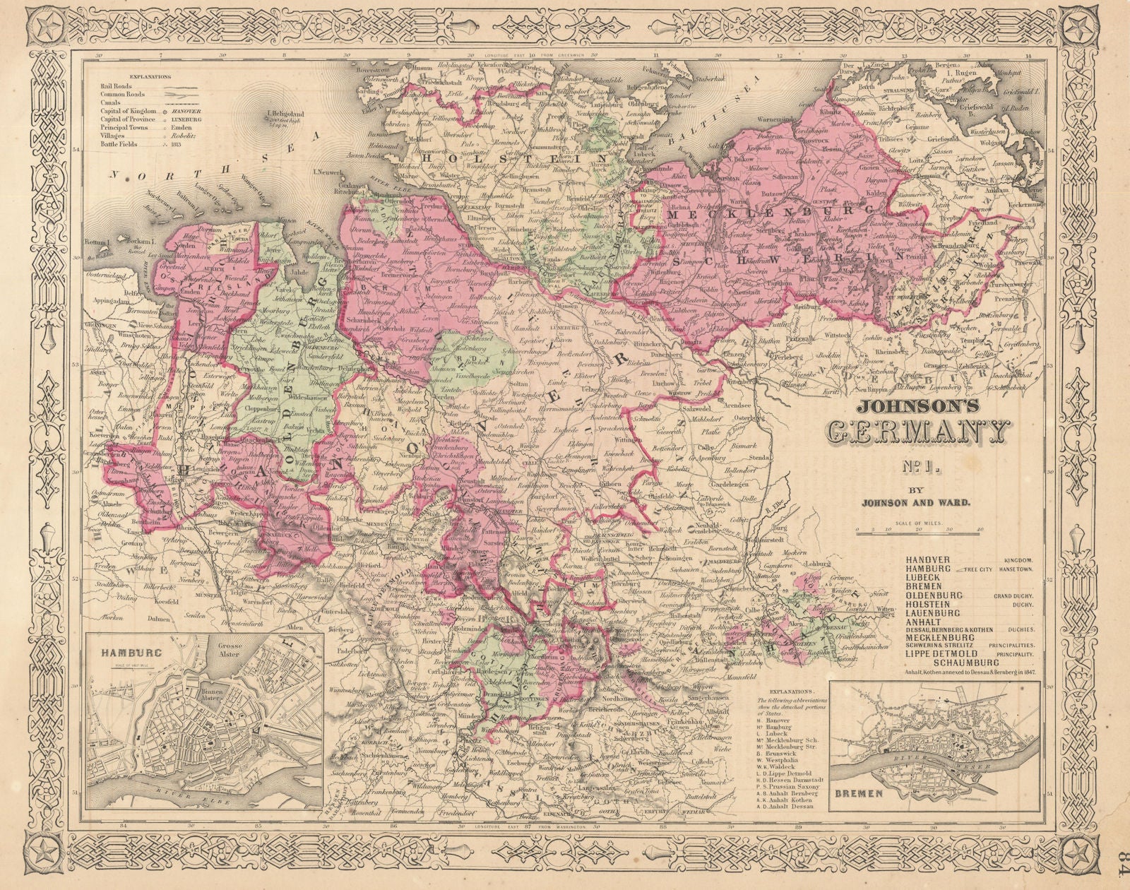 Johnson's Germany No. 1. Northern Germany 1865 old antique map plan ...