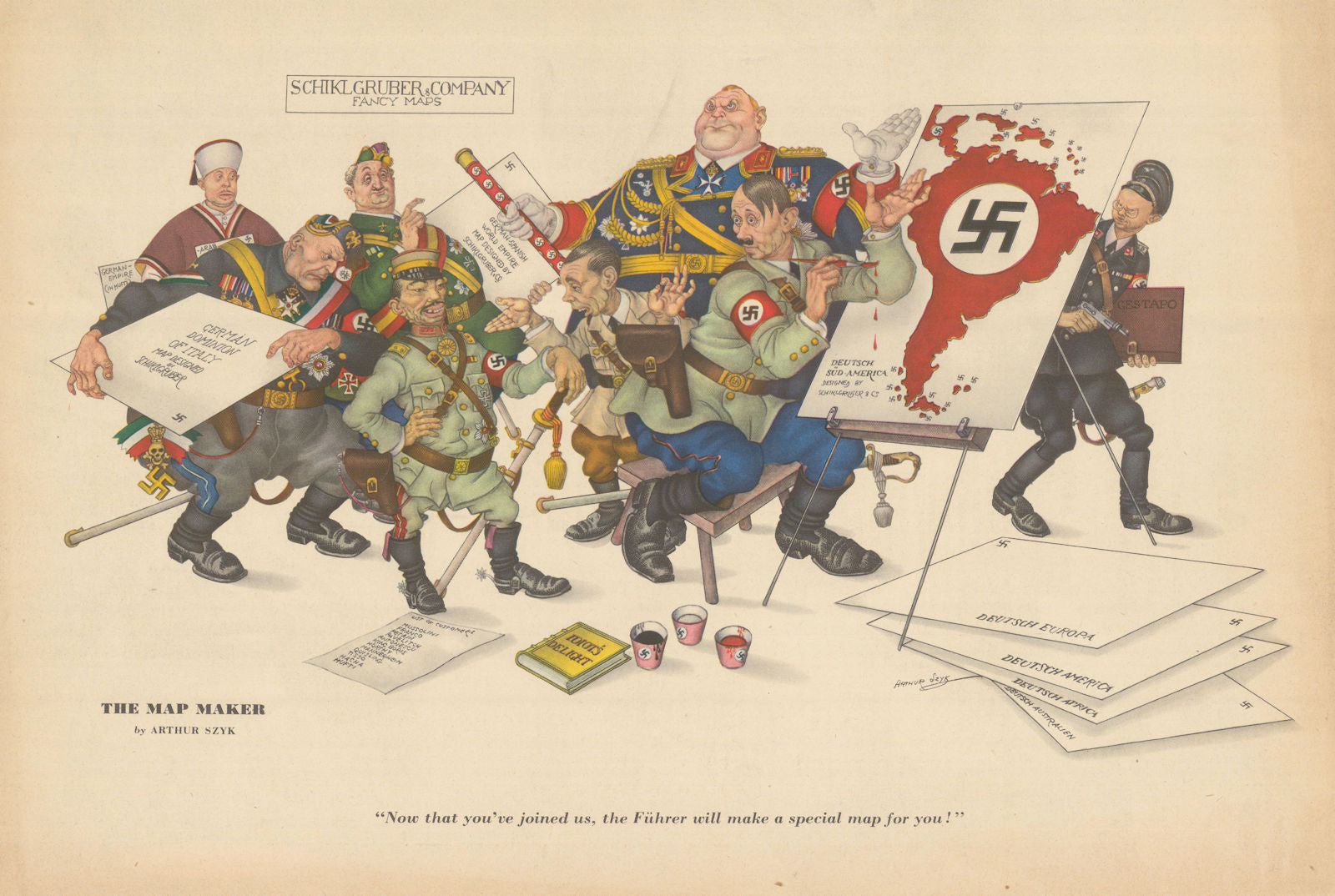 The Map Maker by Arthur Szyk. Anti-Nazi WW2 Serio-comic satirical print ...