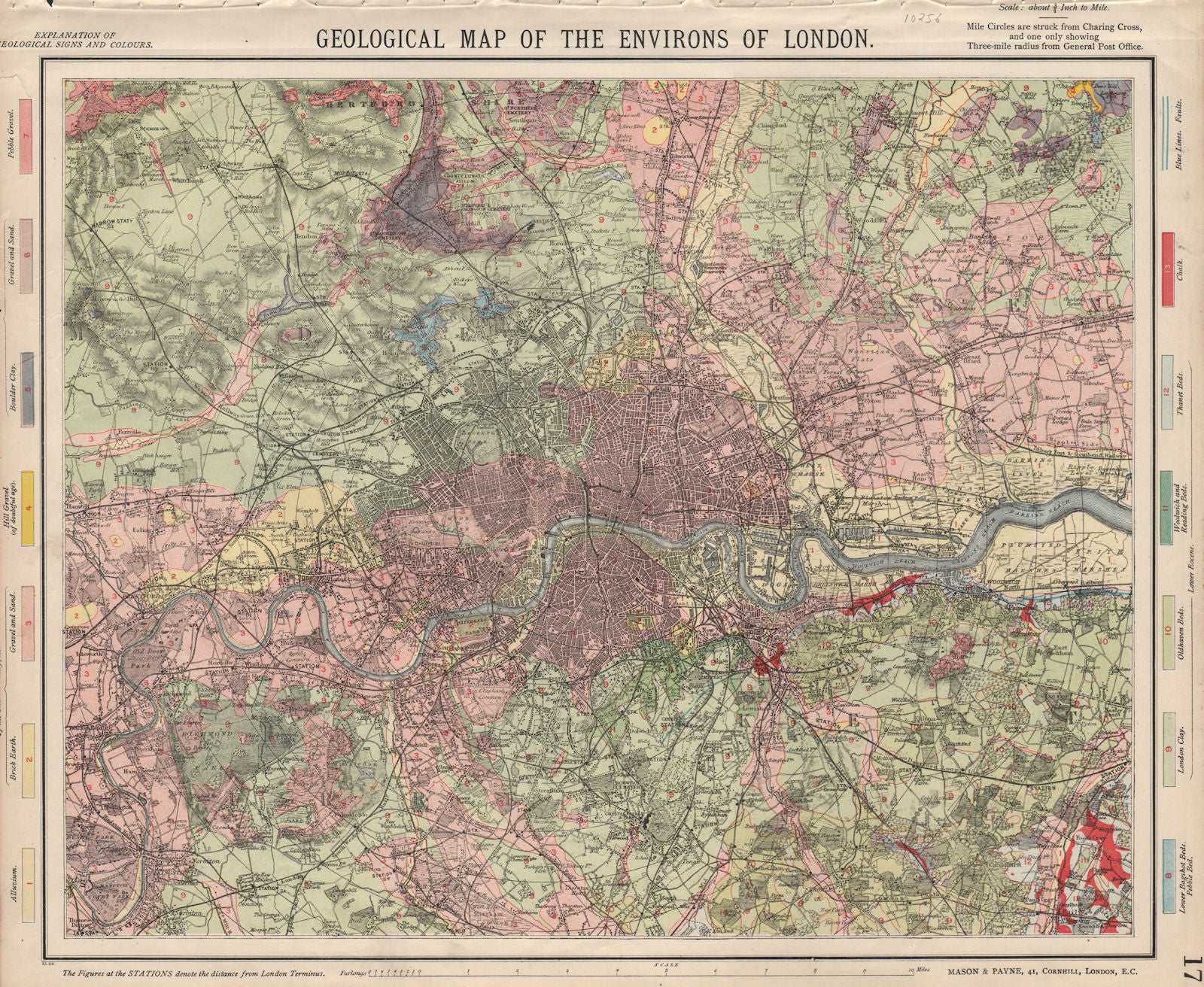 Geological map of the Environs of London. LETTS 1889 old antique chart ...
