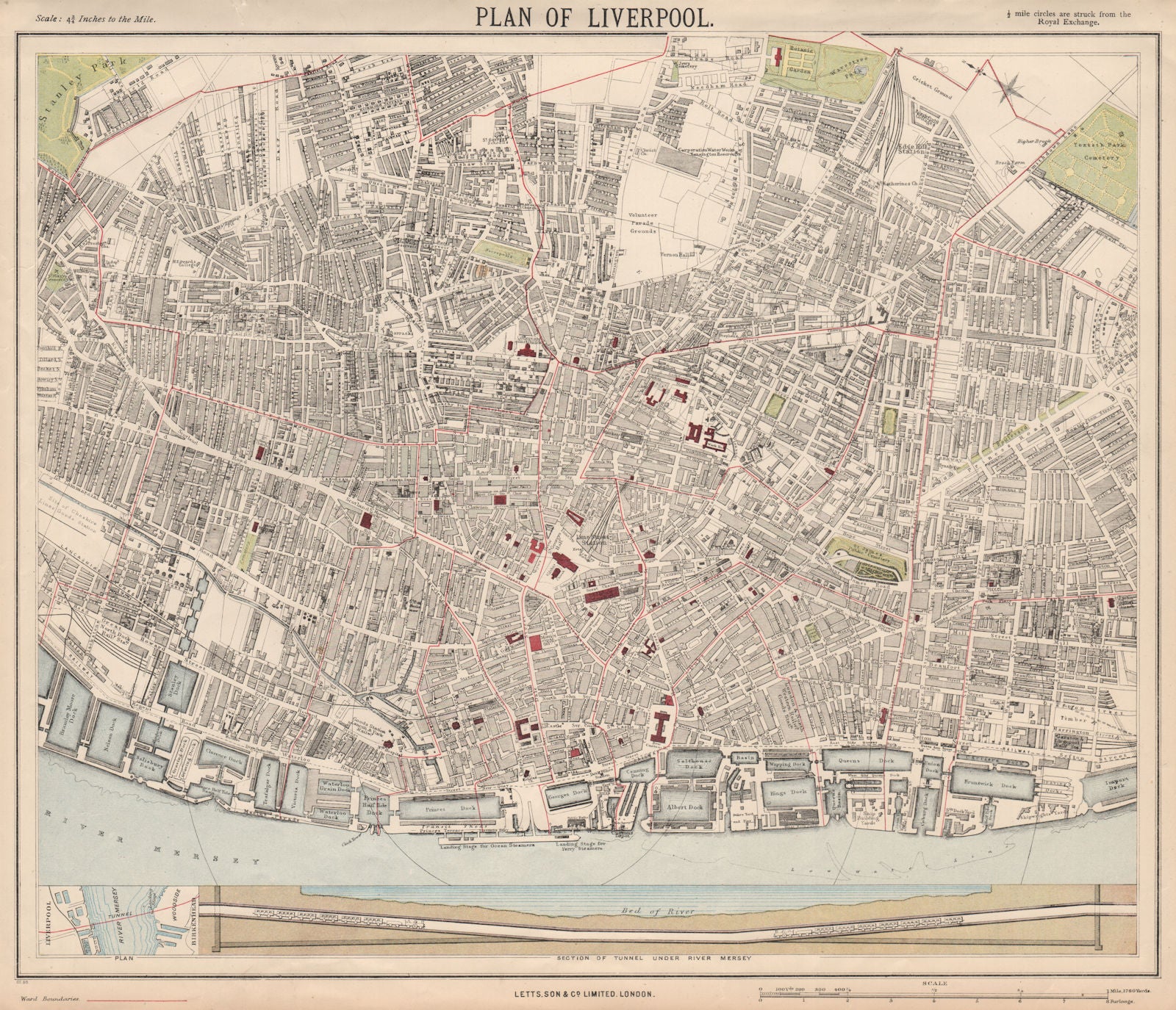 LIVERPOOL town city map. Mersey Tunnel section. Ward boundaries.LETTS ...