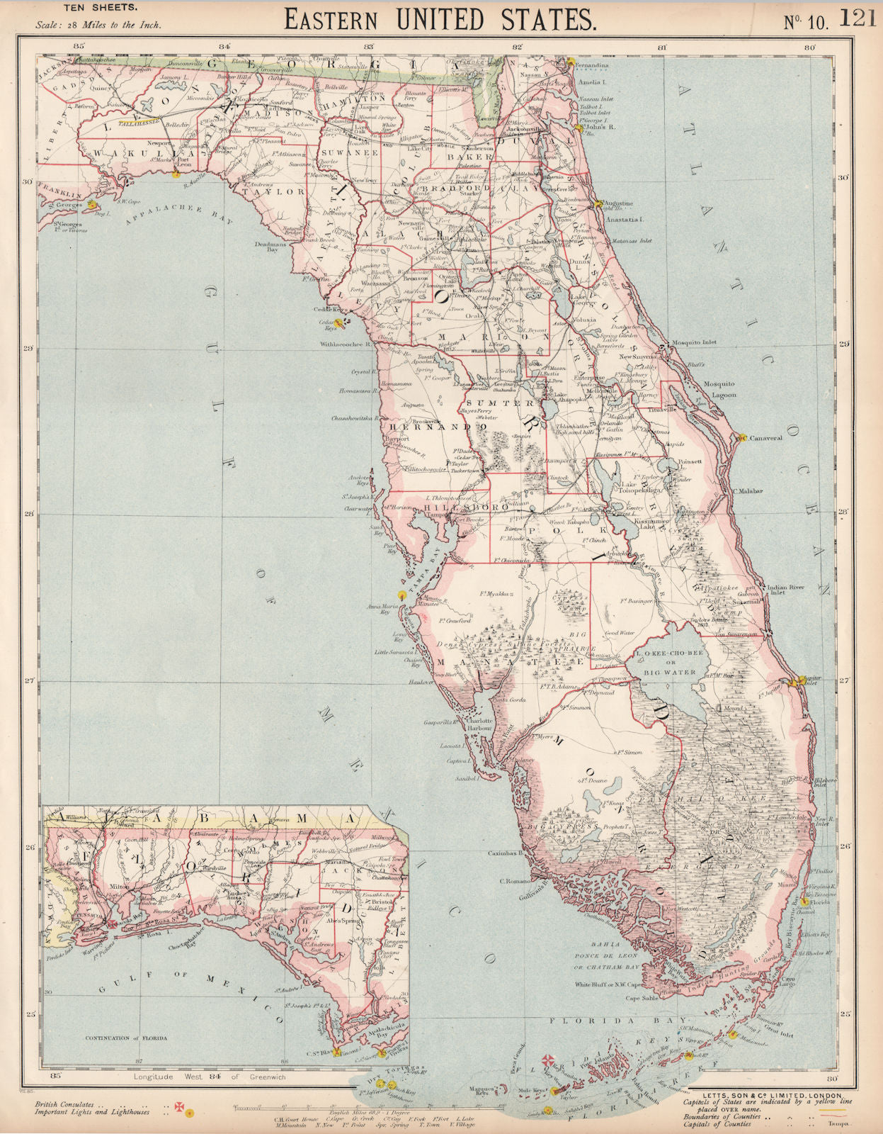 FLORIDA showing railroads lighthouses forts. Miami Tampa. LETTS 1889 ...