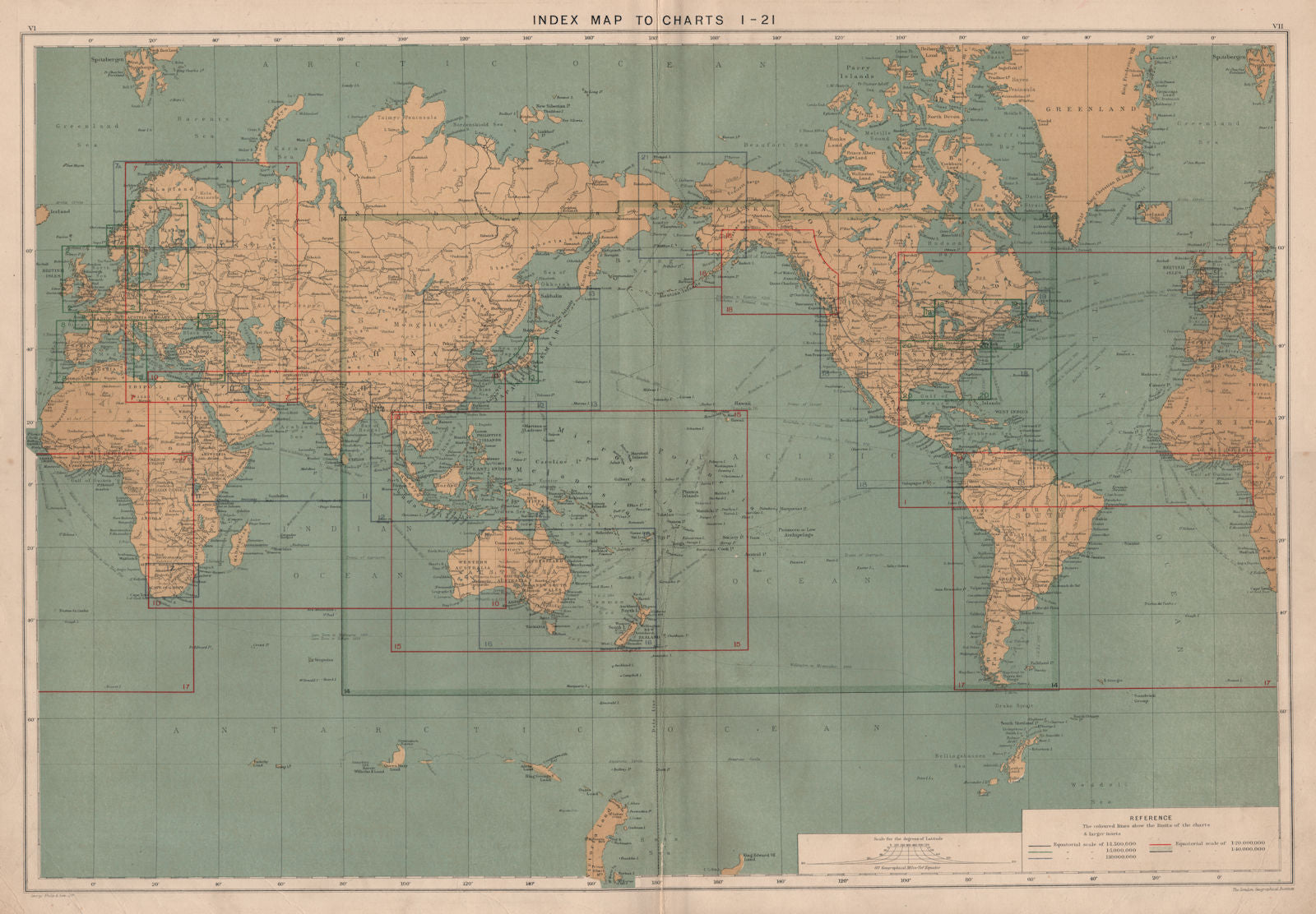 WORLD. Index Map To Charts 1-21. World. Large 50x70cm 1918 old antique ...