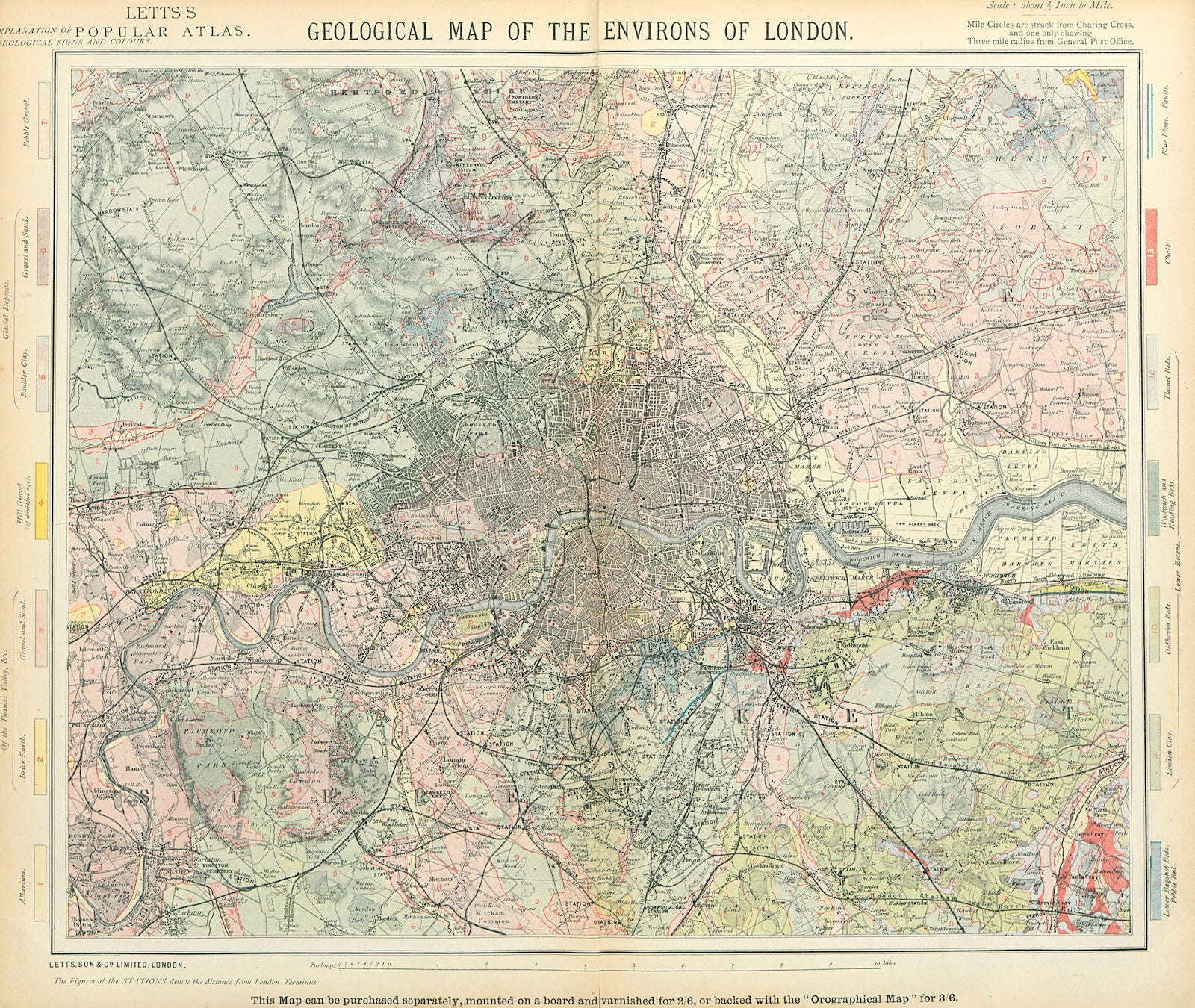 Geological map of the Environs of London. LETTS 1883 old antique chart ...