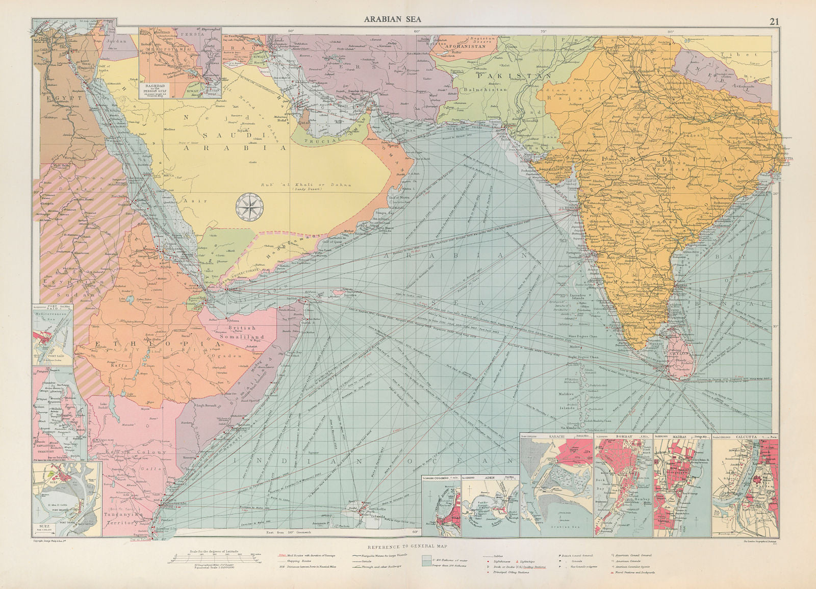 Red/Arabian Sea Persian Gulf sea chart. Ports lighthouses mail. LARGE ...