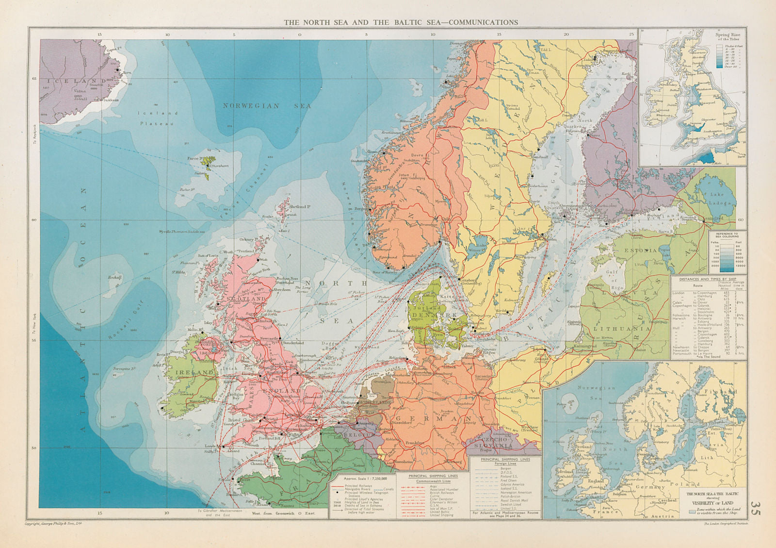North Sea & Baltic. Cables Wireless Stns Land visibility Shipping lines ...
