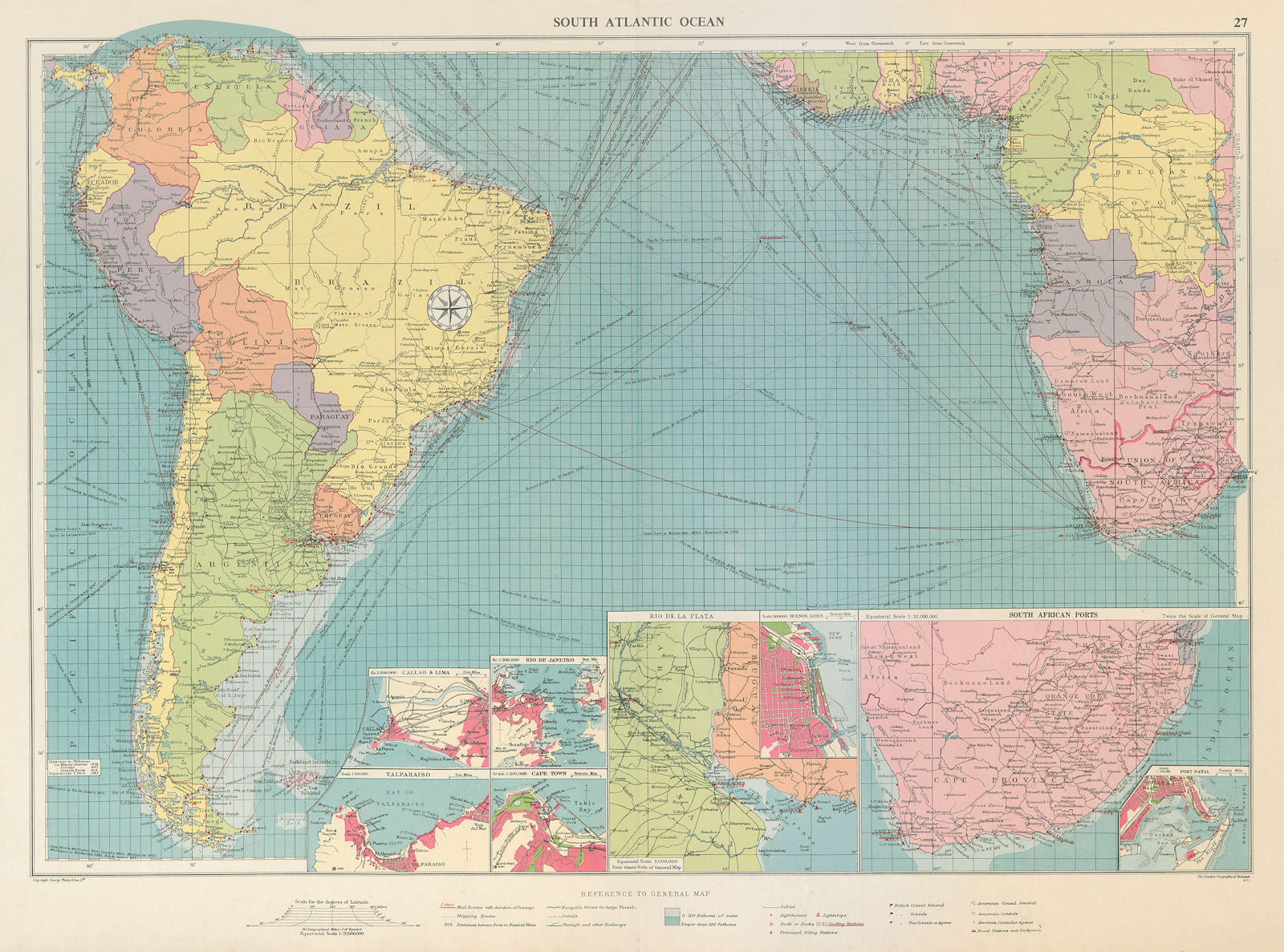 South Atlantic Ocean sea chart. Ports lighthouses mail routes. LARGE ...