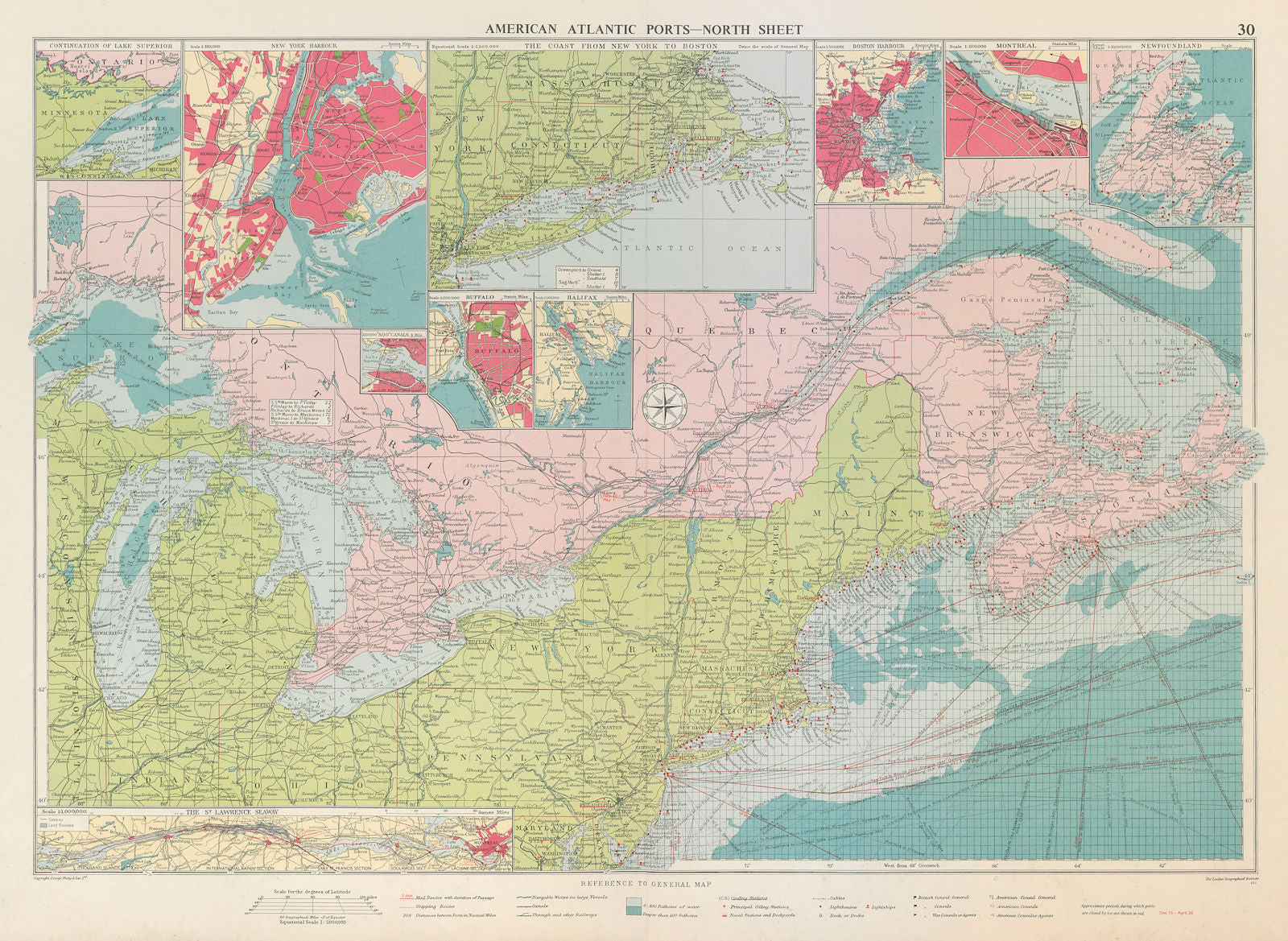 US Canada Atlantic & Great Lakes ports sea chart. Lighthouses &c LARGE ...