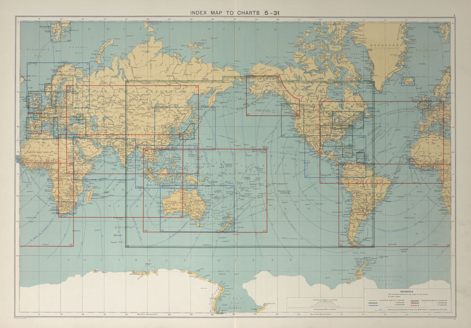 WORLD. Index Map To Charts. Large 50x70cm 1927 old vintage plan ...