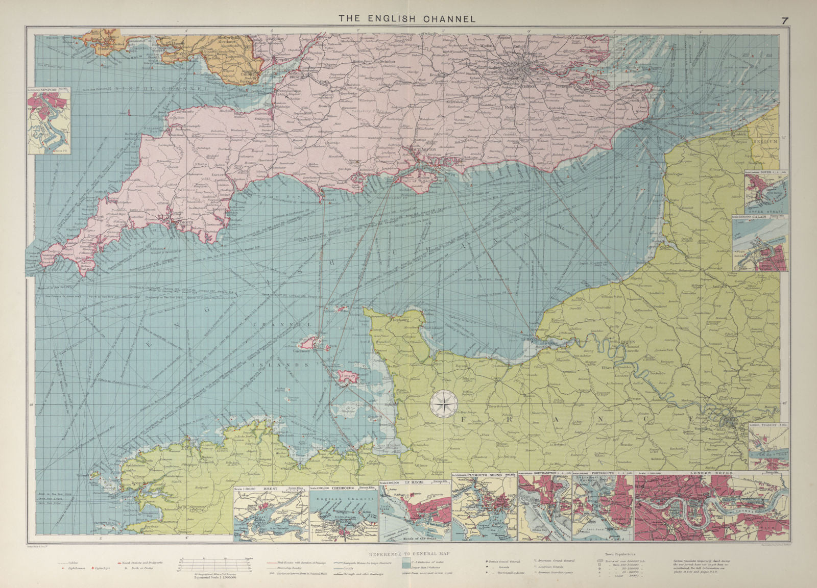 English Channel sea chart. Ports lighthouses mail routes. LARGE 1927 ...