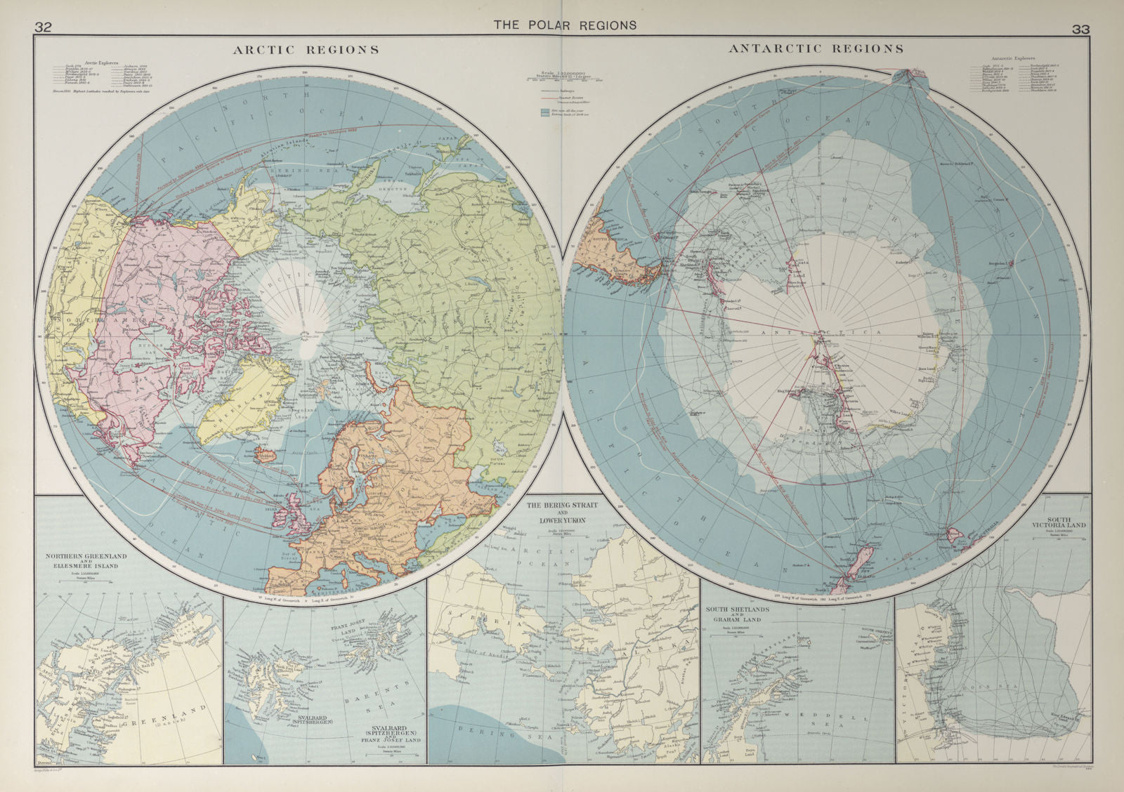 Polar Regions. Arctic/Antarctic sea chart. Steamer routes. LARGE 1927 ...