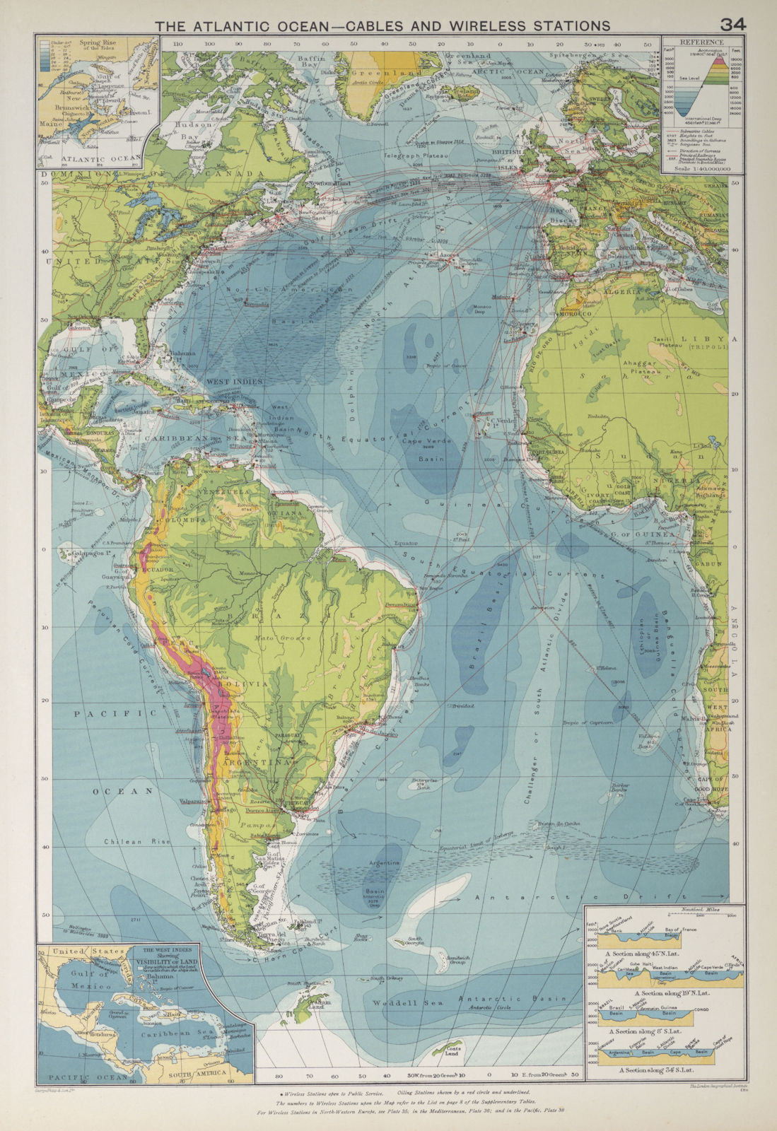 Atlantic Ocean. Cables Wireless Stations Land visibility Shipping lines ...