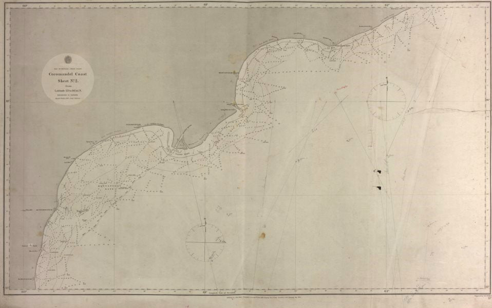 Coromandel Coast nautical sea chart. East India Company. Andhra Pradesh ...