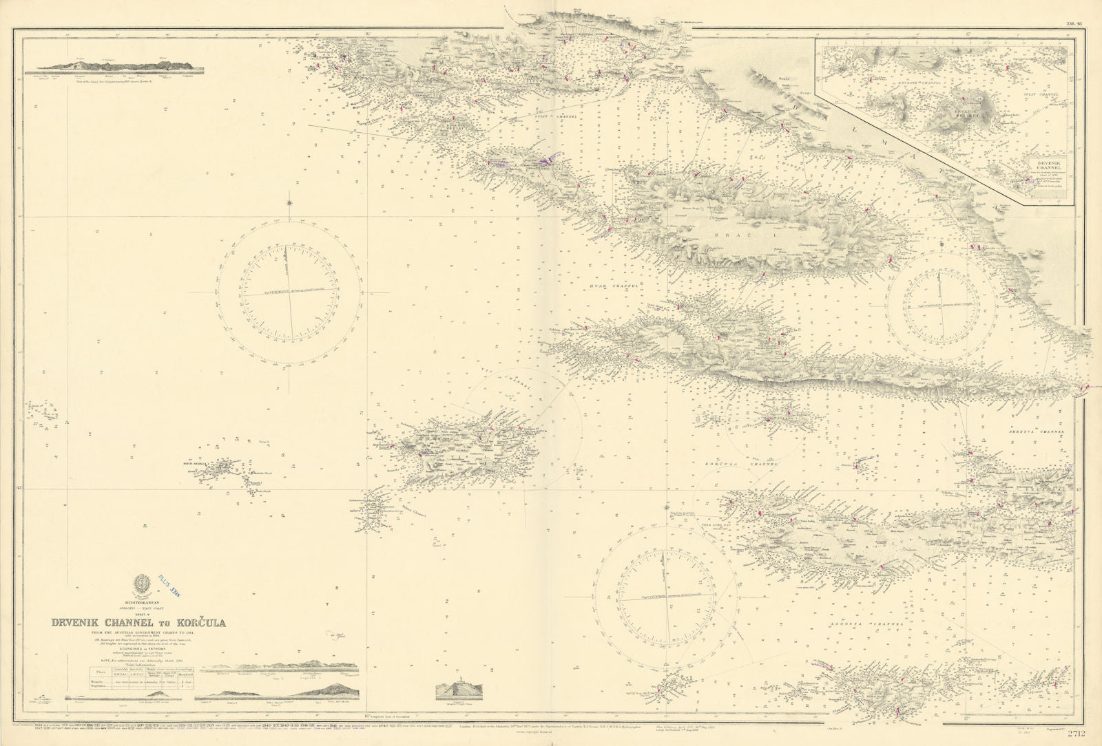 Dalmatia Croatia Vis Hvar Lastovo Korcula ADMIRALTY sea chart 1877 ...