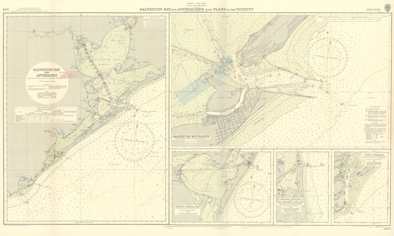 Galveston Bay approach Corpus Christi Texas ADMIRALTY sea chart 1923 ...