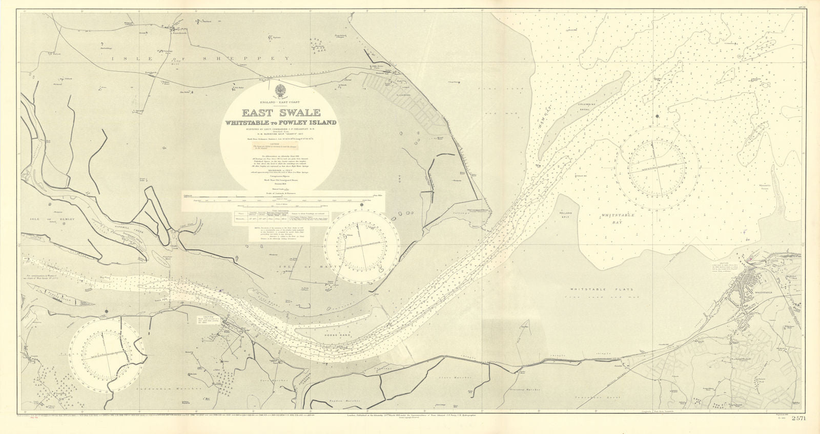 East Swale. Whitstable Isle of Sheppey Kent. ADMIRALTY sea chart 1918 ...