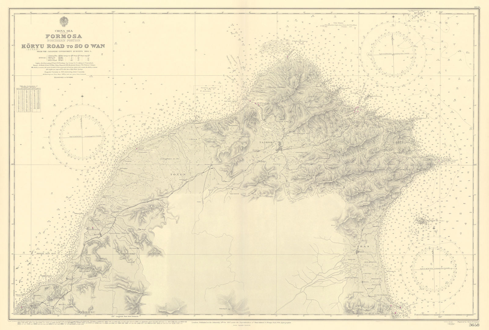 Northern Formosa / Taiwan. Taihoku / Taipei. ADMIRALTY sea chart 1907 ...